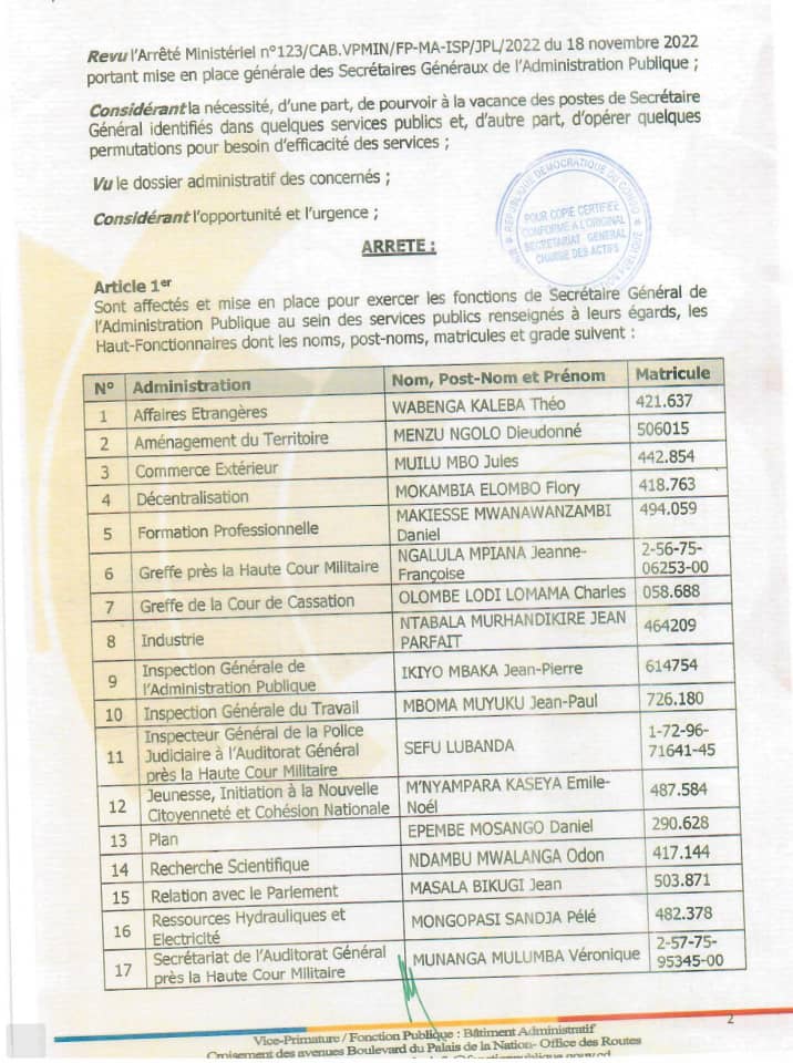 RDC : Voici en intégralité l'arrêté ministériel portant mise en place partielle des secrétaires ...